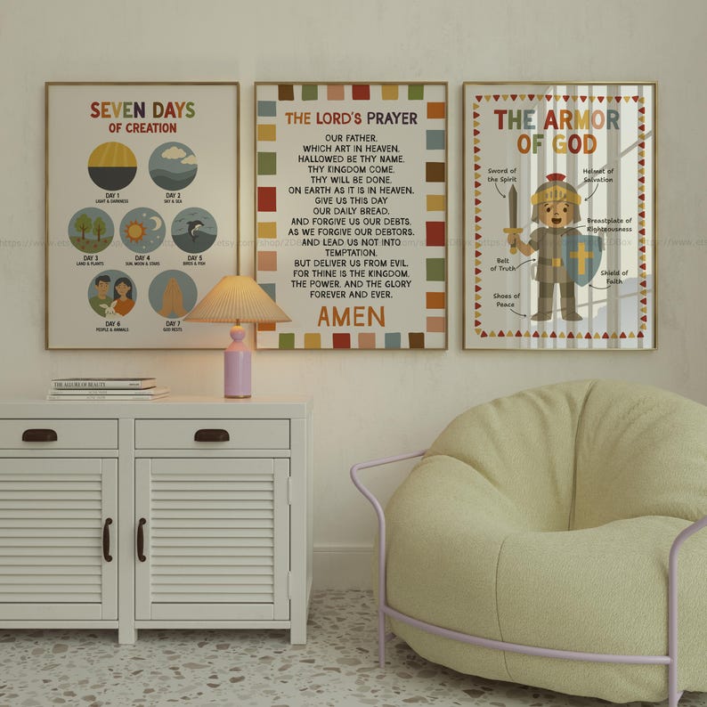 Christian Bible Education Posters Creation, Lord’s Prayer, Armor of God ...