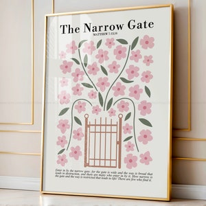 The Narrow Gate, Christian Floral Print, Pink Bible Verse Wall Art ...