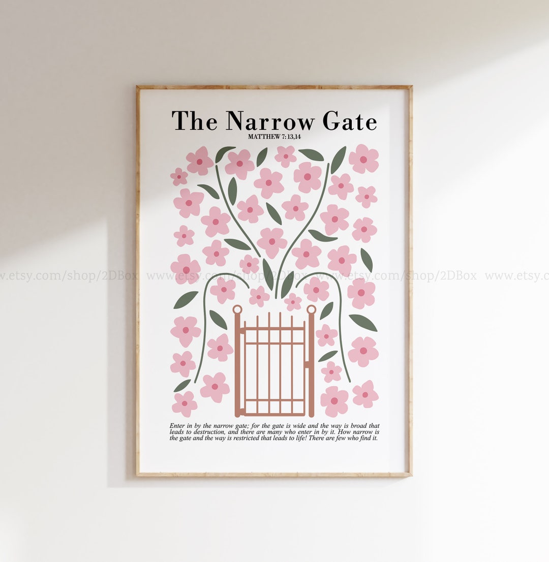 The Narrow Gate, Christian Floral Print, Pink Bible Verse Wall Art ...