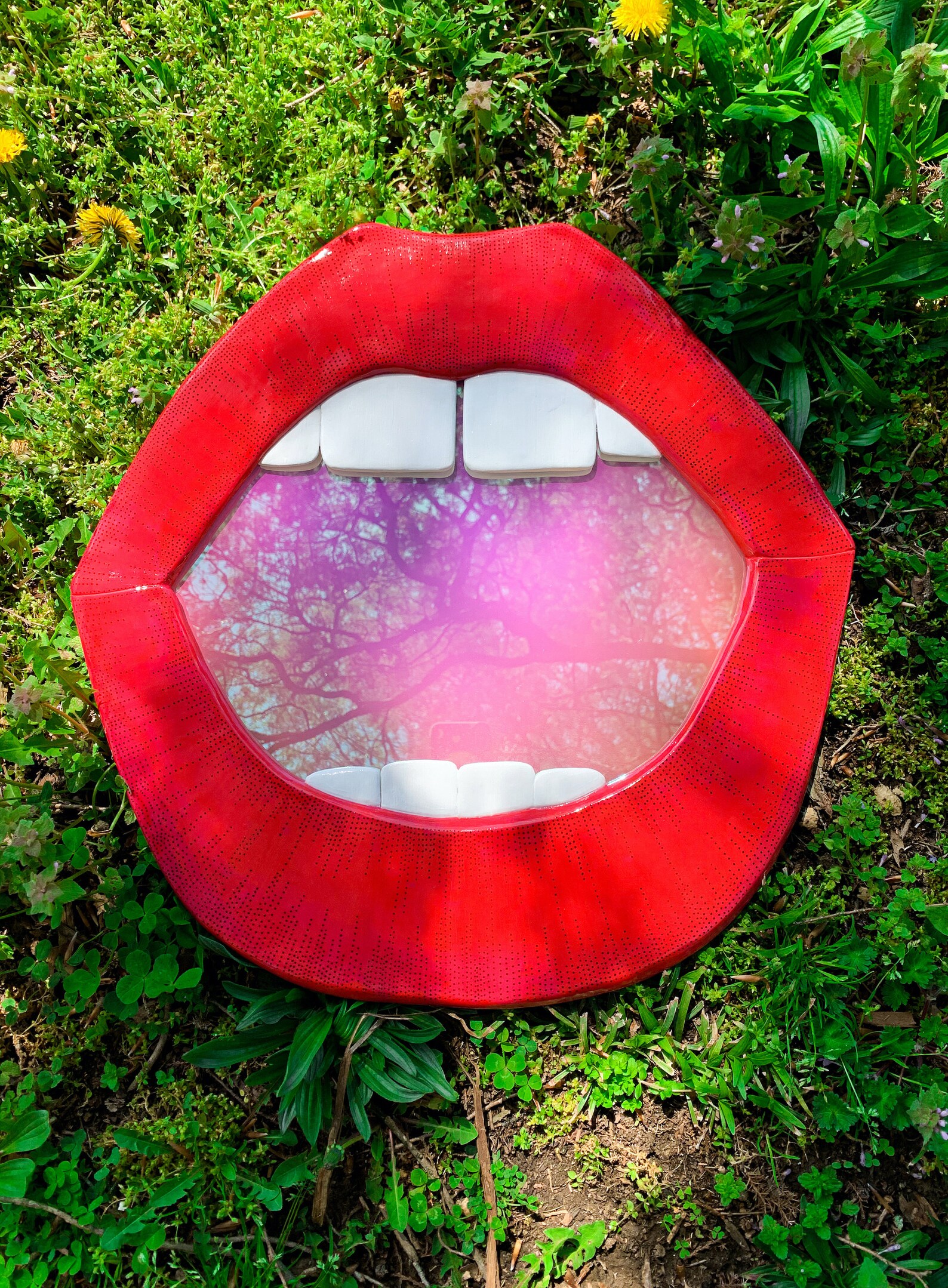Big Mouth Red Lips Iridescent Mirror Hand Sculpted Clay and Dichroic ...