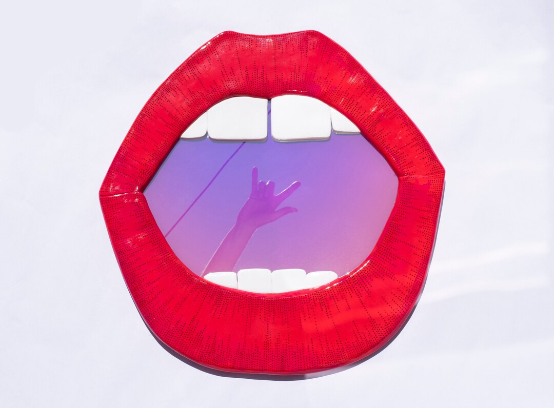 Big Mouth Red Lips Iridescent Mirror Hand Sculpted Clay and Dichroic ...