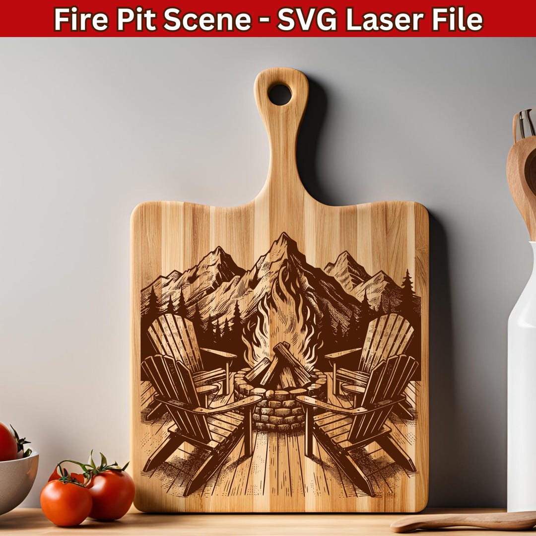 Fire Pit SVG Adirondack Chairs Laser Files, Campfire Mountain Scene for ...
