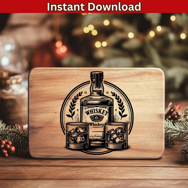 Whiskey Bottle & Glass SVG Laser File Whiskey SVG for Cutting Board ...