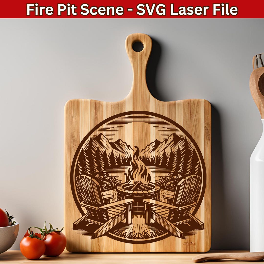 Fire Pit SVG Adirondack Chairs Laser Files, Campfire Mountain Scene for ...