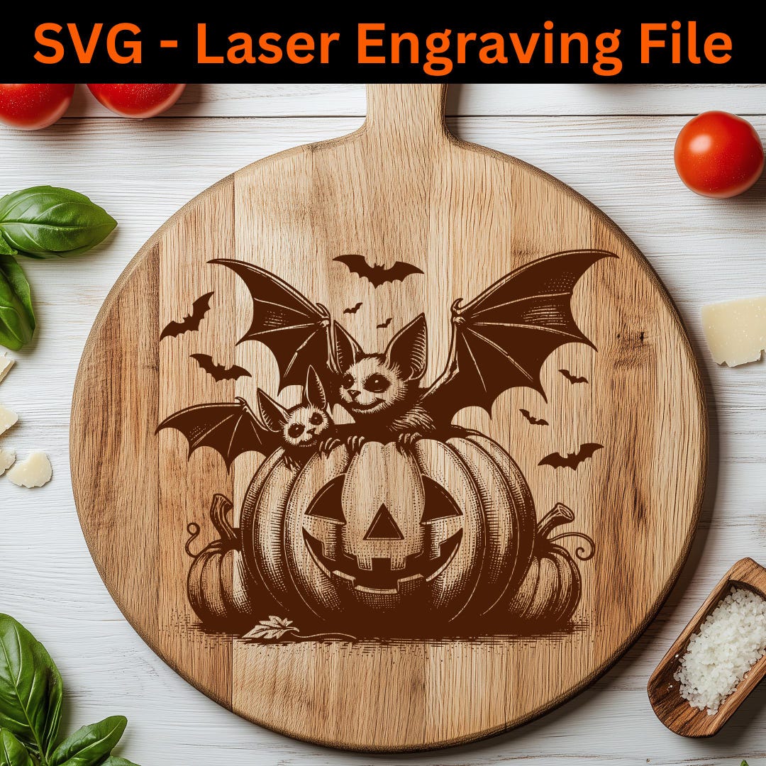 Halloween SVG Bats & Pumpkin Laser File: Spooky Wood Engraving Design ...