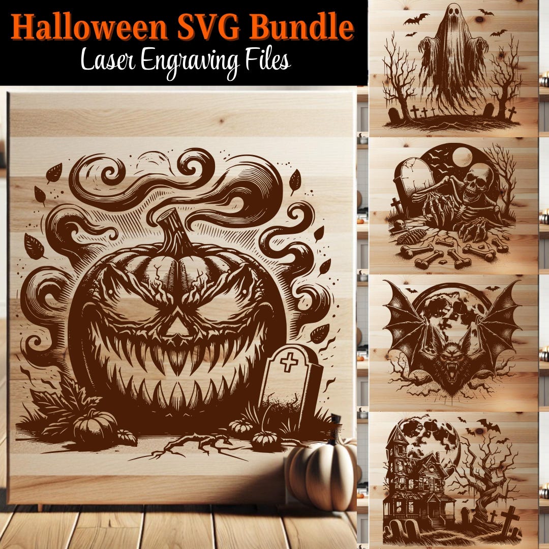 Halloween SVG Bundle, Laser Engraving Files, 5 Spooky Designs for Wood ...
