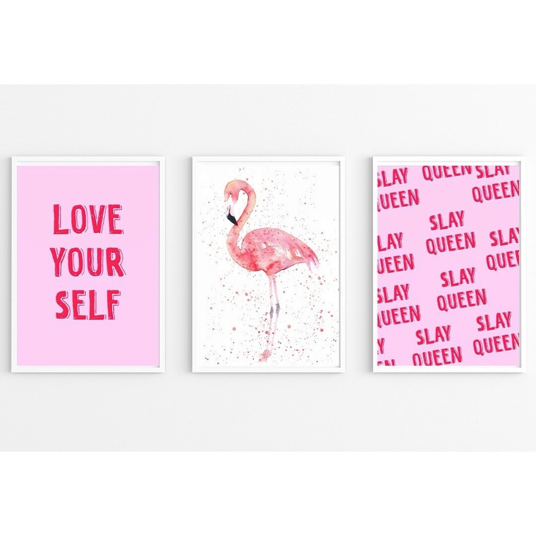Love Yourself, Pink Watercolour Splash Flamingo, Slay Queen Set of 3 ...