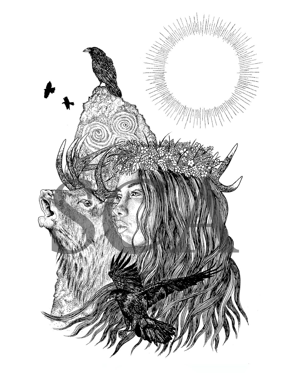 Summer Solstice Print, Irish Art, Pagan Art, Wild Woman, Deer, Wildlife ...