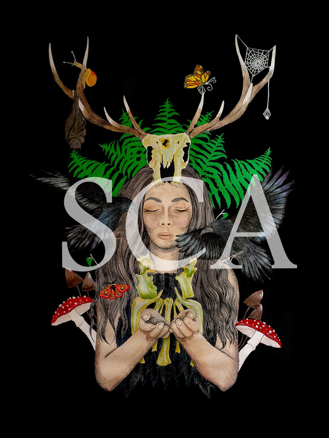 Witch of the Woods Art Print Wild Woman, Horned Goddess, Shamanic ...