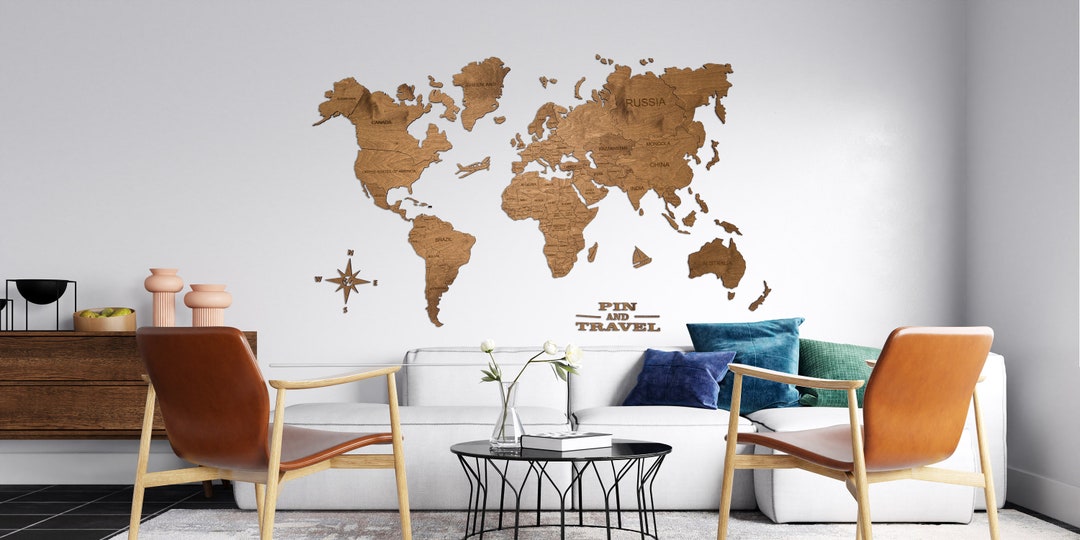 Wooden World Map Home Decor Anniversary Gift Idea Office Wall Art Decor ...