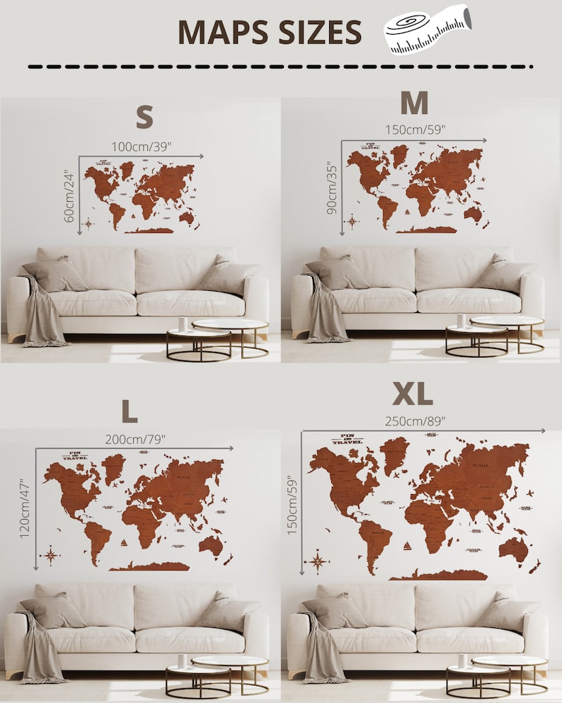 World Map With Countries Living Room Wall Art Wood Travel Map ...