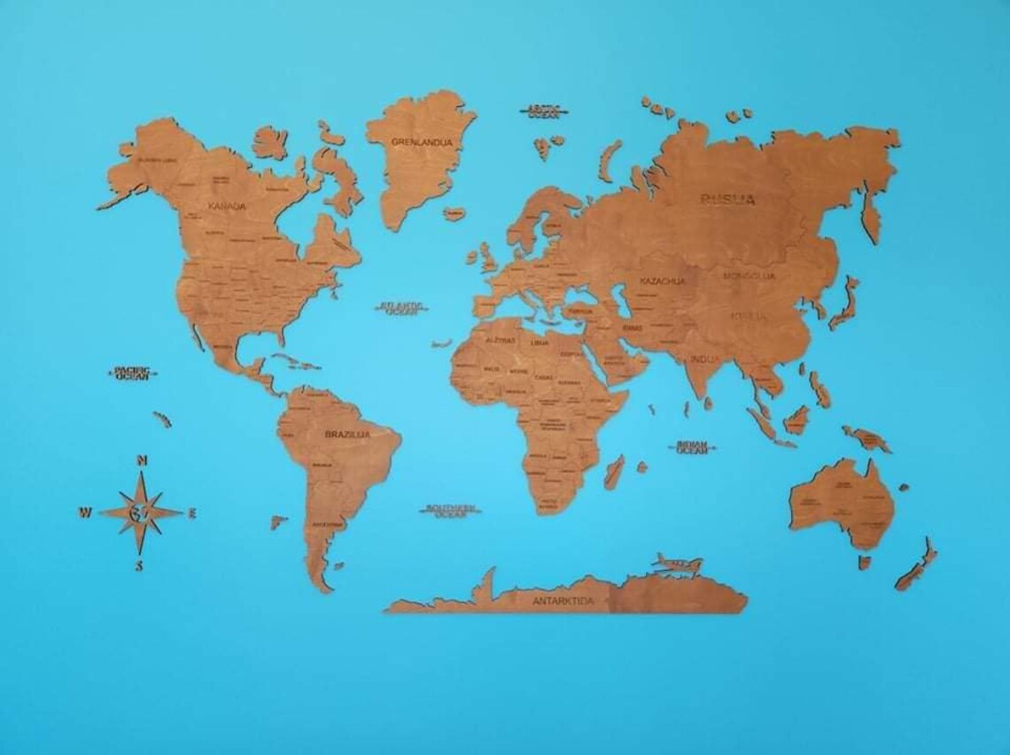 World Map With Countries Living Room Wall Art Wood Travel Map ...