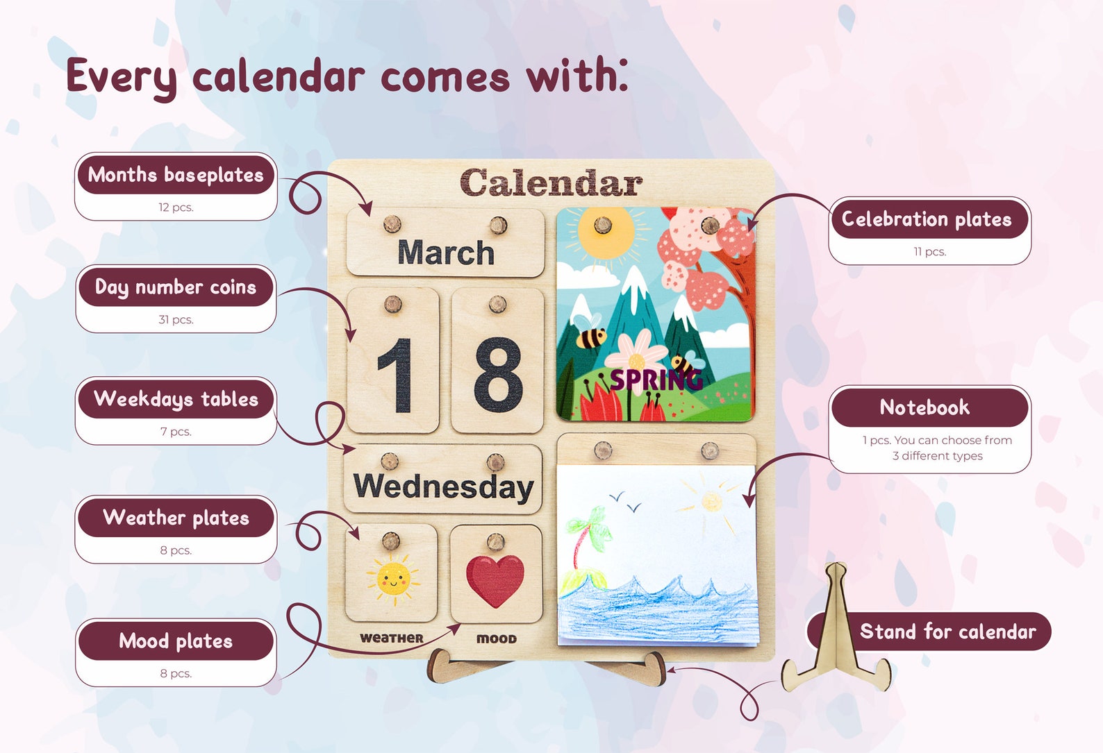 Montessori Inspired Wooden Calendar - Educational Time Tracking Toy and ...