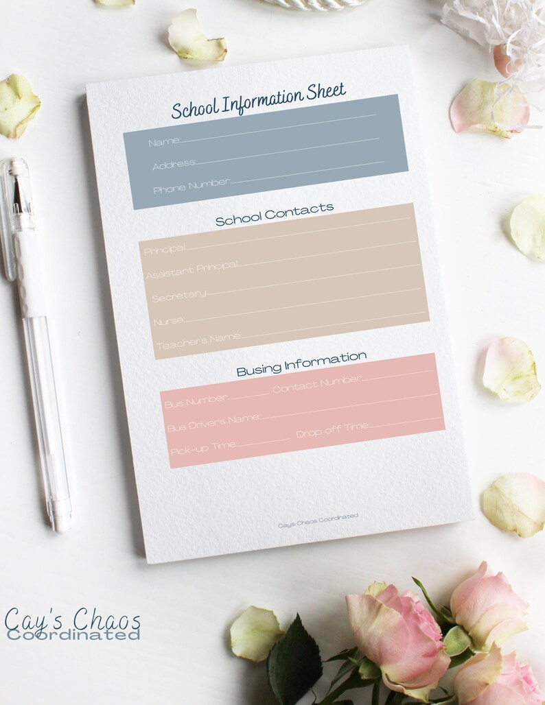 SCHOOL INFORMATION Sheet DIGITAL Download, School Information Page ...