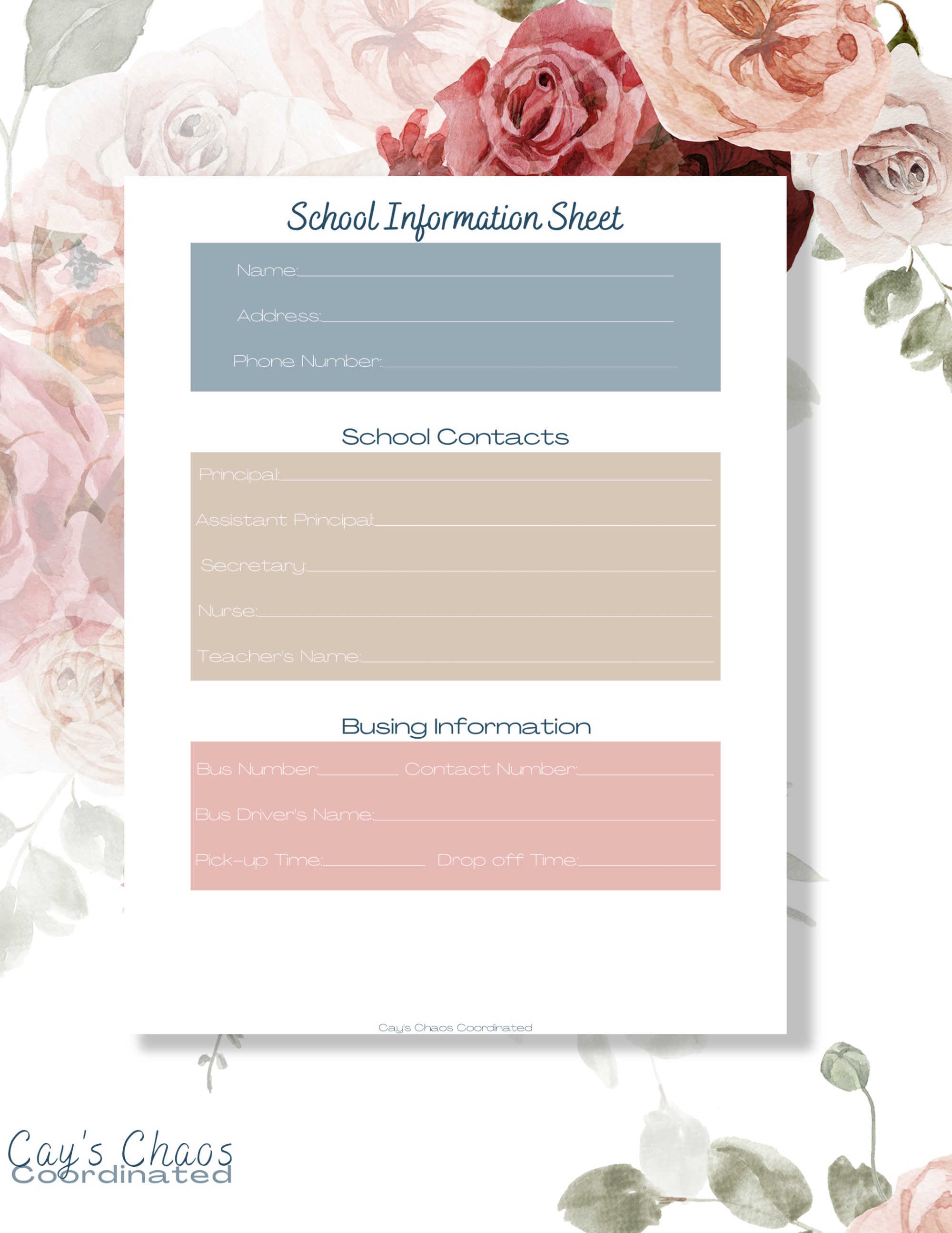 SCHOOL INFORMATION Sheet DIGITAL Download, School Information Page ...