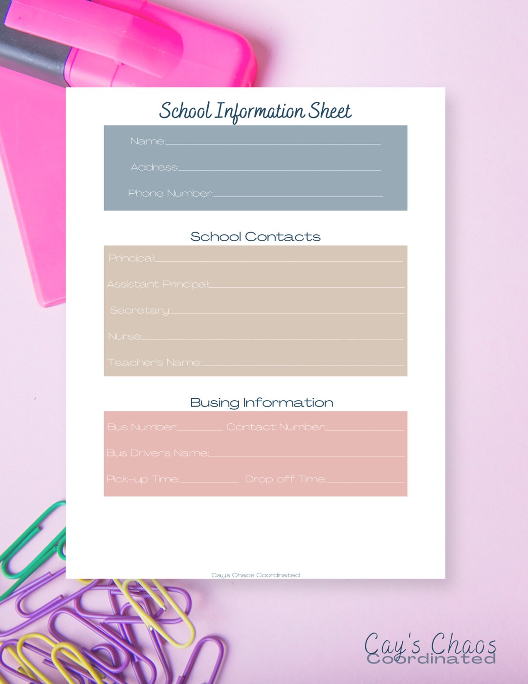 SCHOOL INFORMATION Sheet DIGITAL Download, School Information Page ...