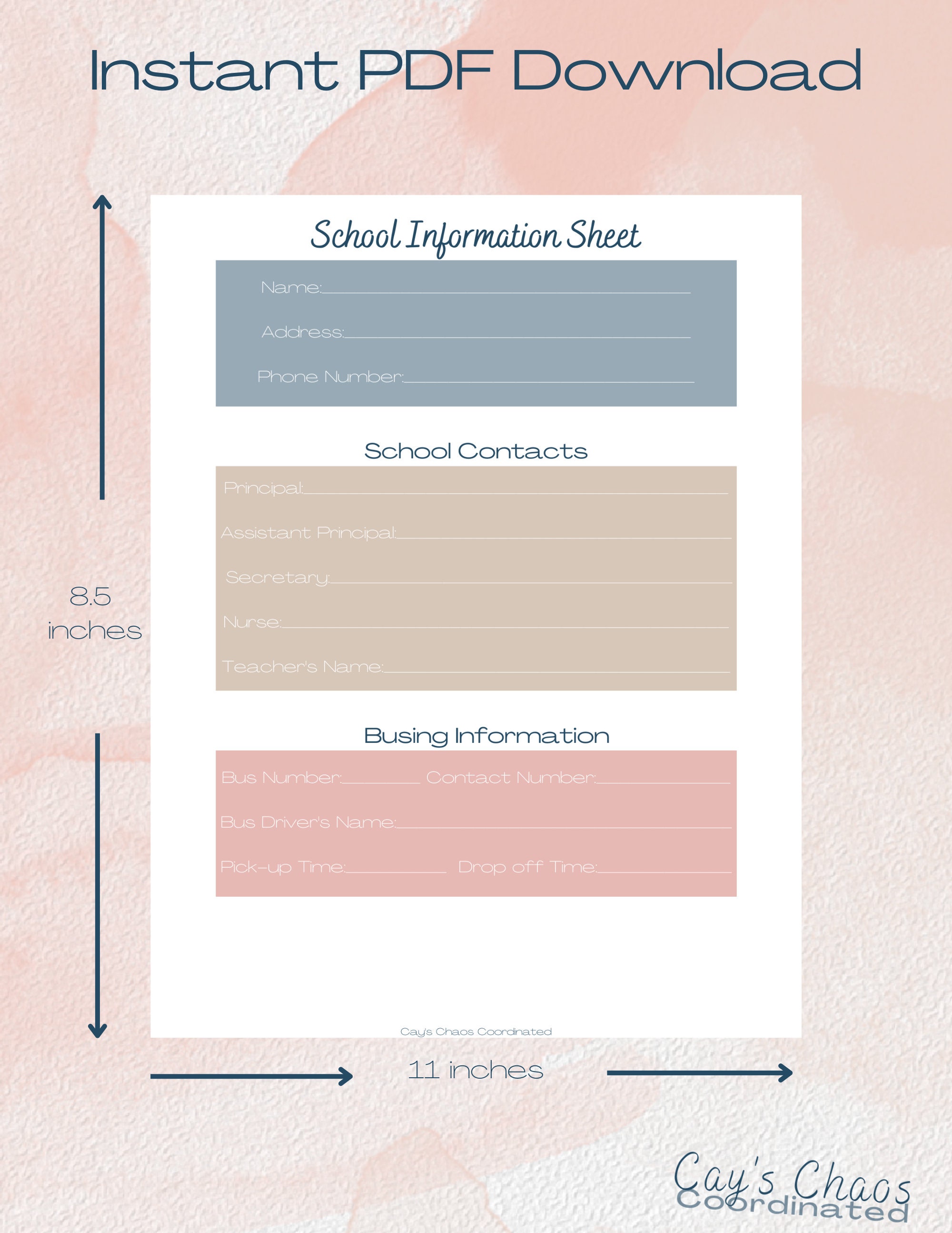 SCHOOL INFORMATION Sheet DIGITAL Download, School Information Page ...