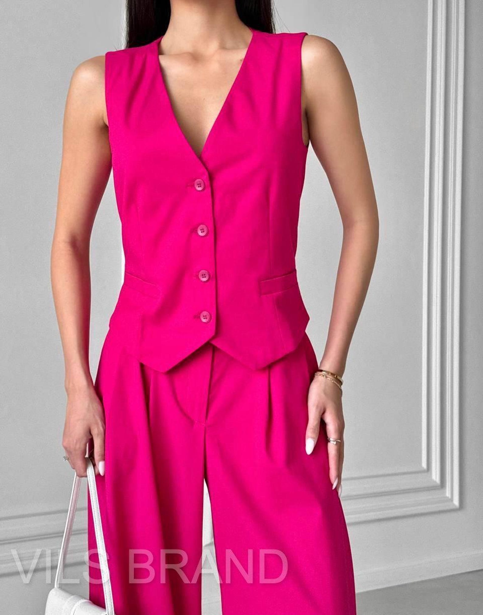 Elegant Pink Two Piece Suit, Buttons Vest, Light Pink Wide Leg Pants ...