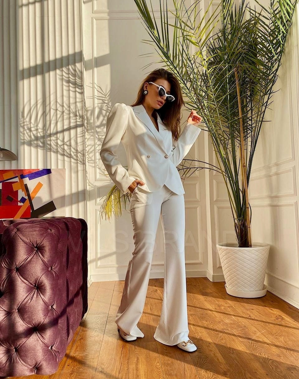 Women Blazer Trousers Suit, Bell Bottom With Single Breasted Blazer ...