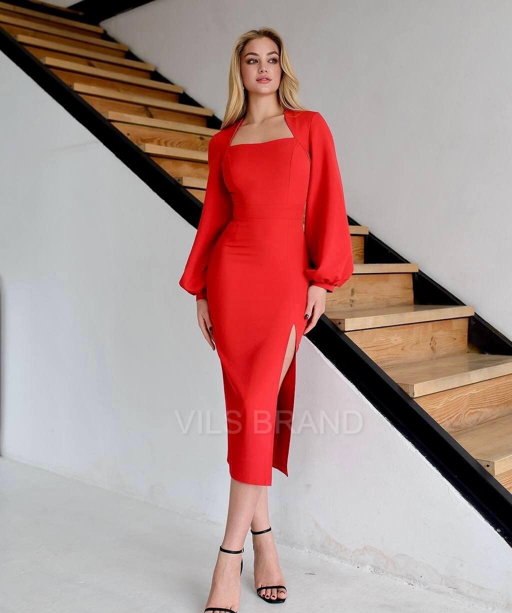 Pink Chic Body Con Dress, Midi Dress With Long Puffed Sleeves, Midi ...