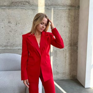 Red Women Suit Set, Formal Pantsuit With Single Breasted Jacket and ...
