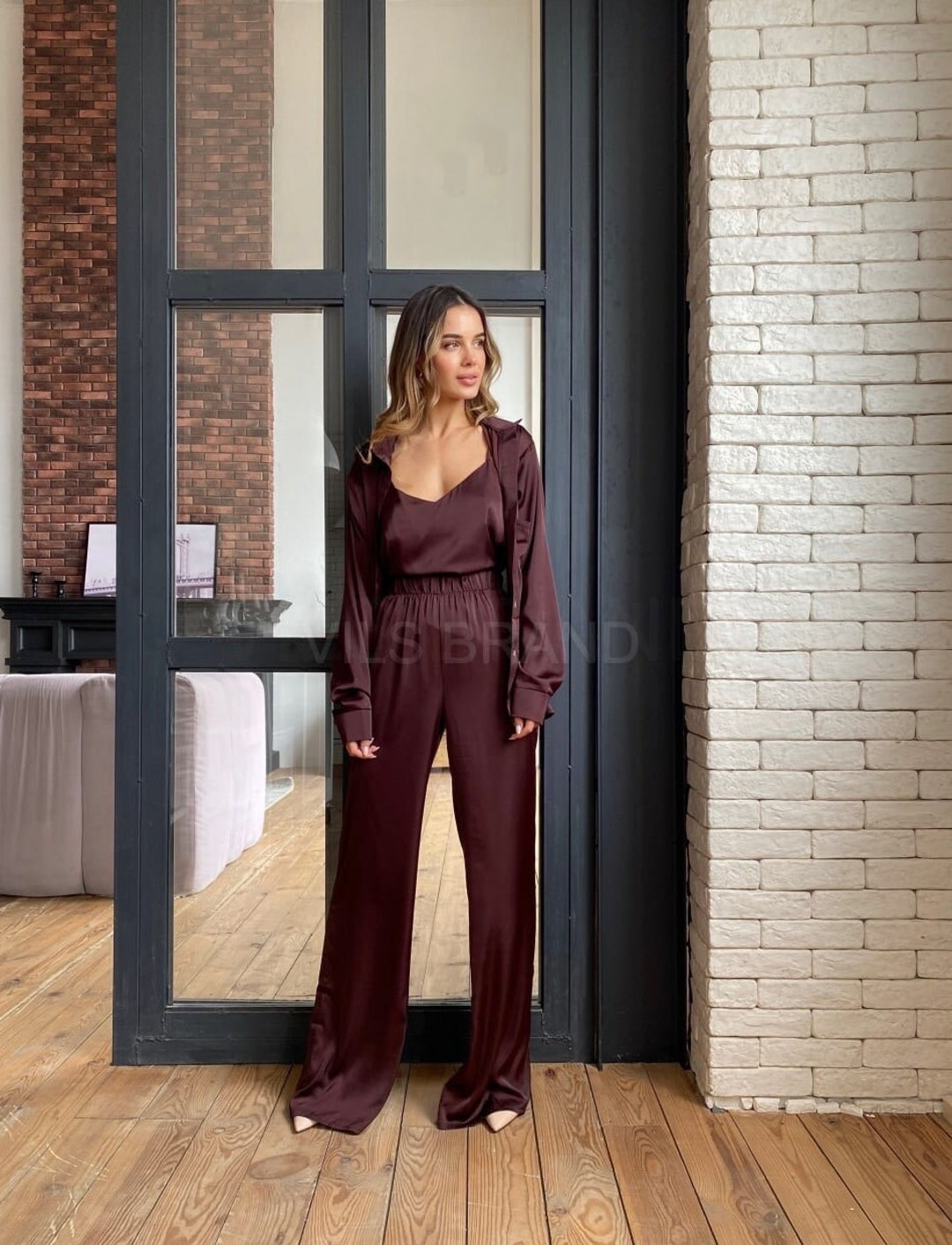 Chocolate Silk Pajamas Set, Silk Women Pantsuit, Wedding Silk Guest ...