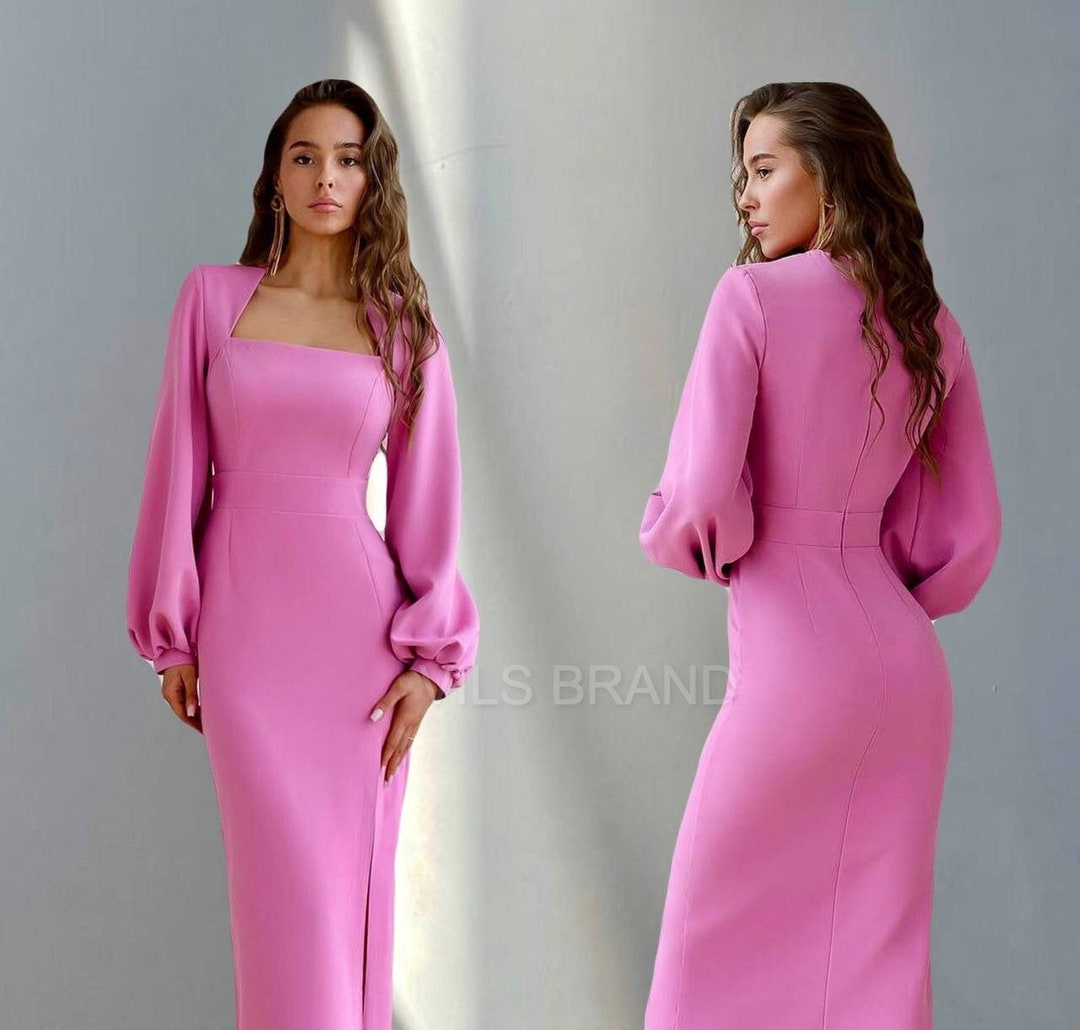 Pink Chic Body Con Dress, Midi Dress With Long Puffed Sleeves, Midi ...