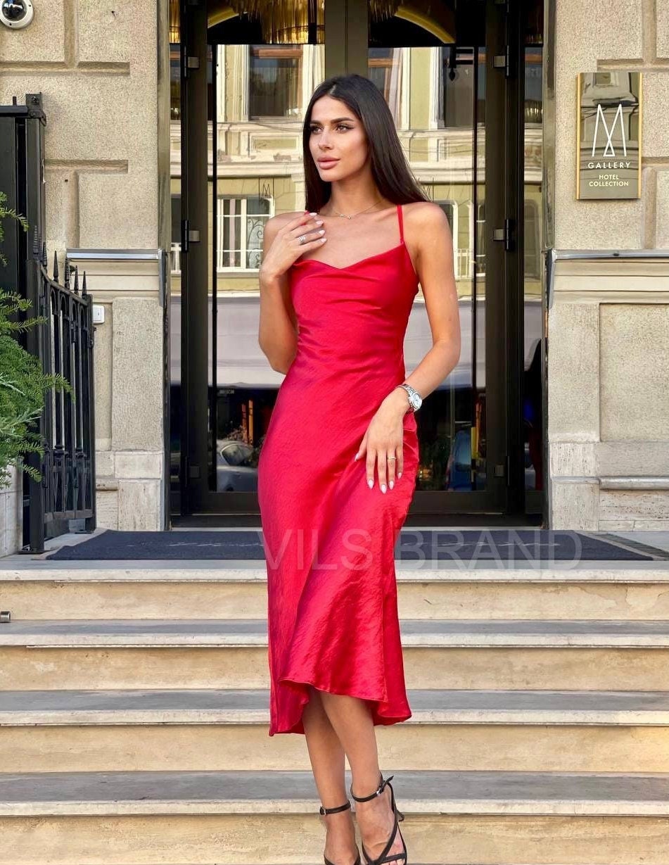 Silk Midi Dress , Red Formal Silk Dress, Backless Silk Dress, Slip Silk ...