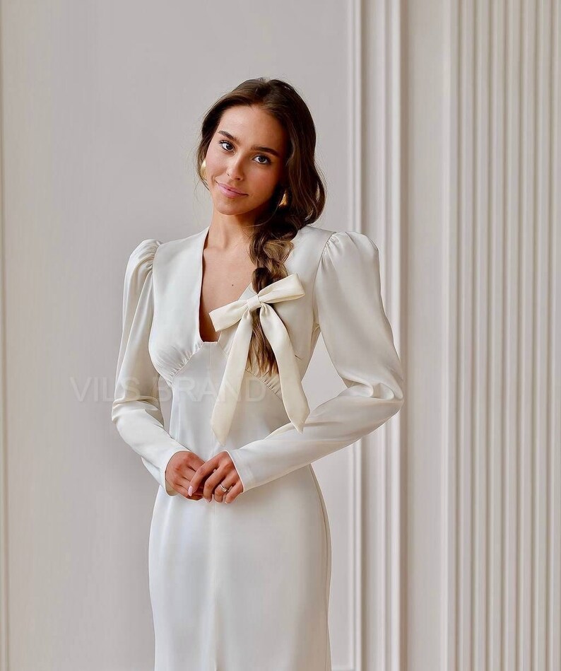 Cream Maxi Wedding Dress, Puff Sleeve Atlas Dress, Reception Dress ...