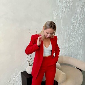 Red Women Suit Set, Formal Pantsuit With Single Breasted Jacket and ...