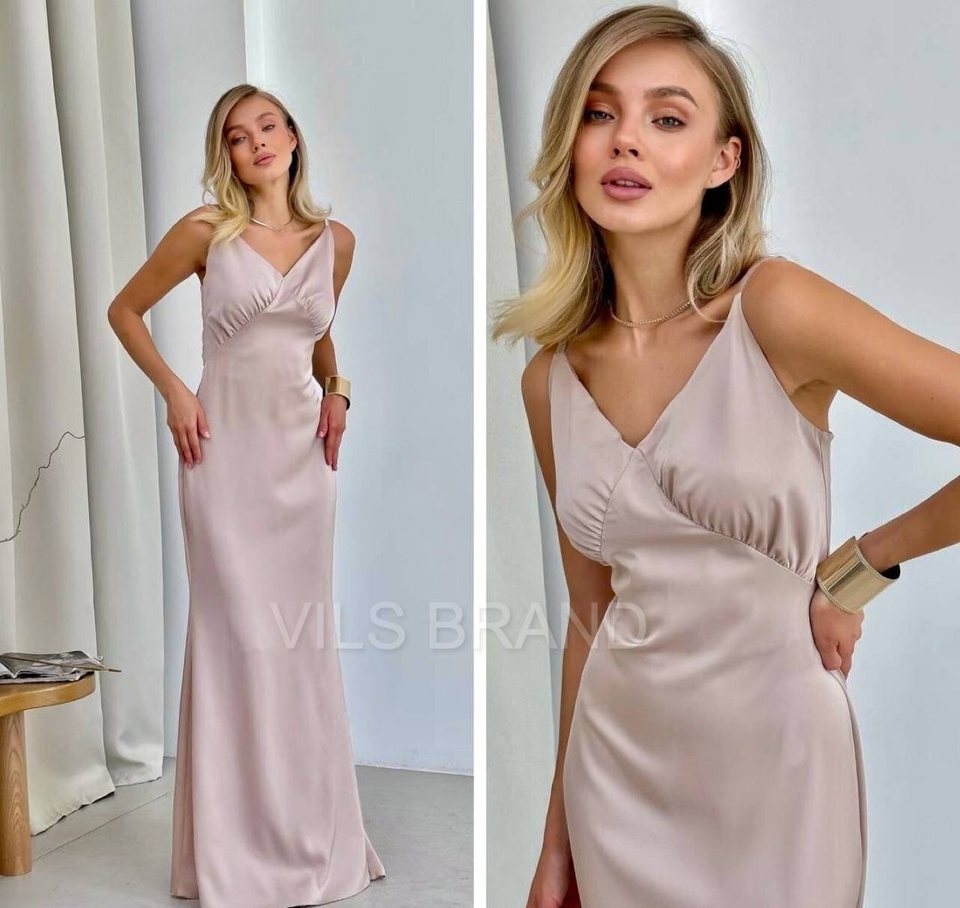 Beige Elegant Silk Dress, Maxi Beige Prom Dress, Silk Slip Maxi Dress ...