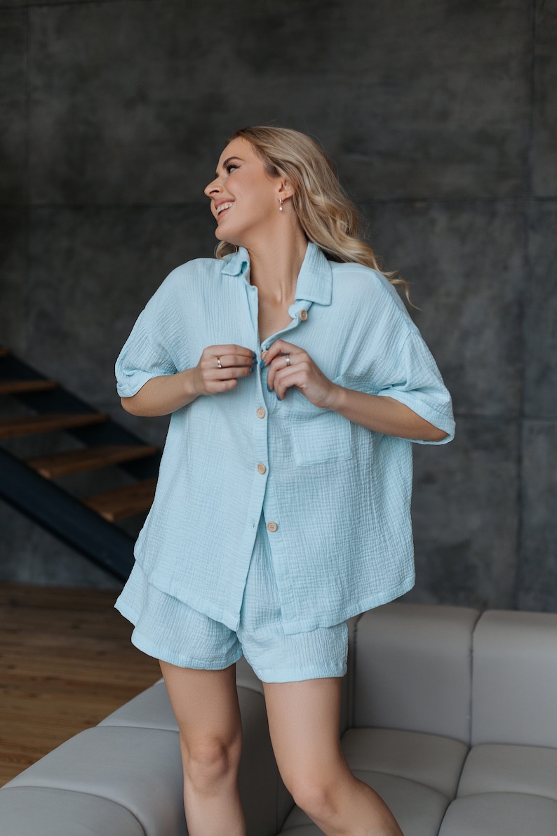 Muslin Pajamas, Cotton Slip, Holiday Pajamas, Blue Women Pajamas, Gift for Her, Personalized ...