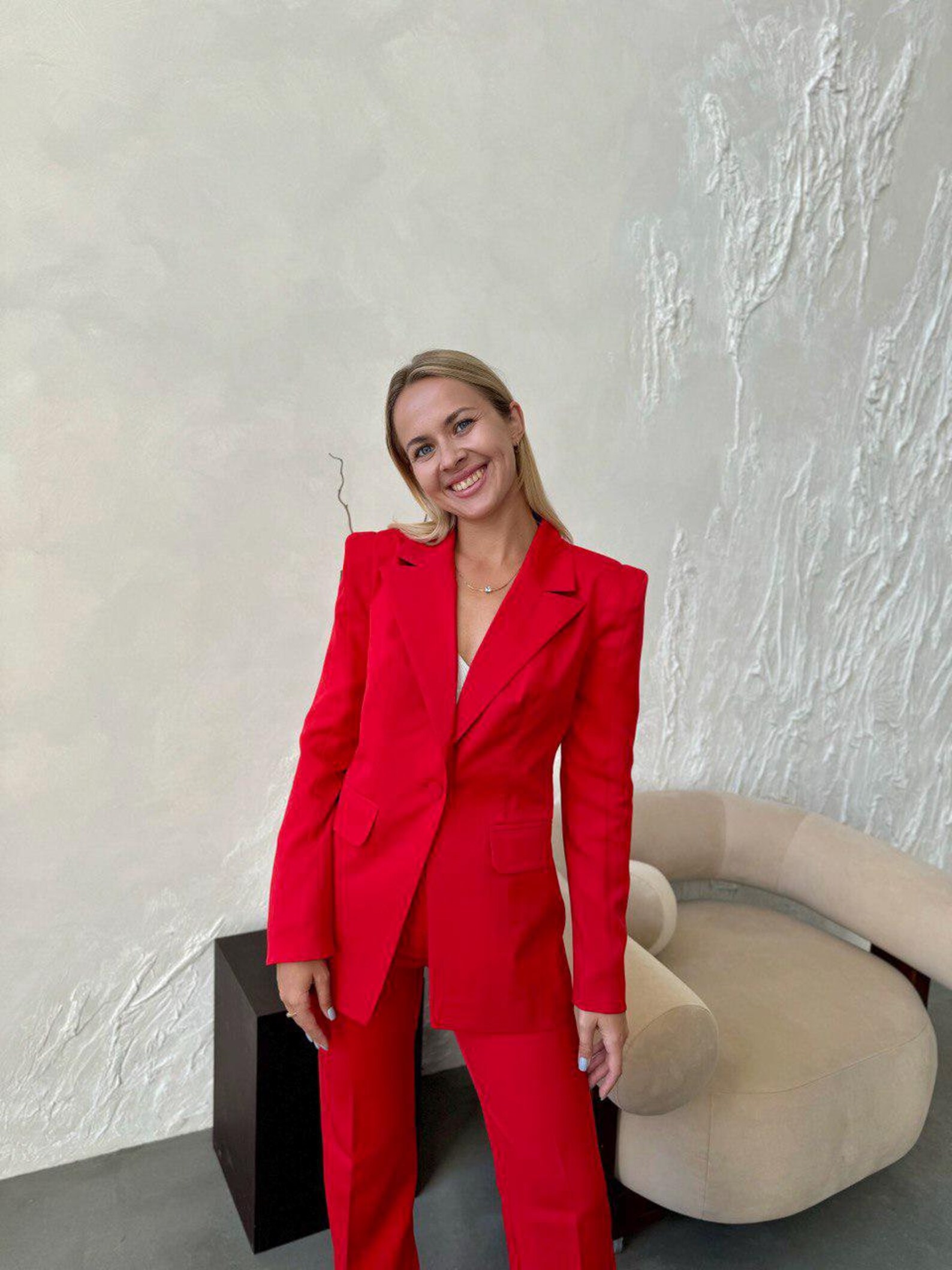 Red Women Suit Set, Formal Pantsuit With Single Breasted Jacket and ...