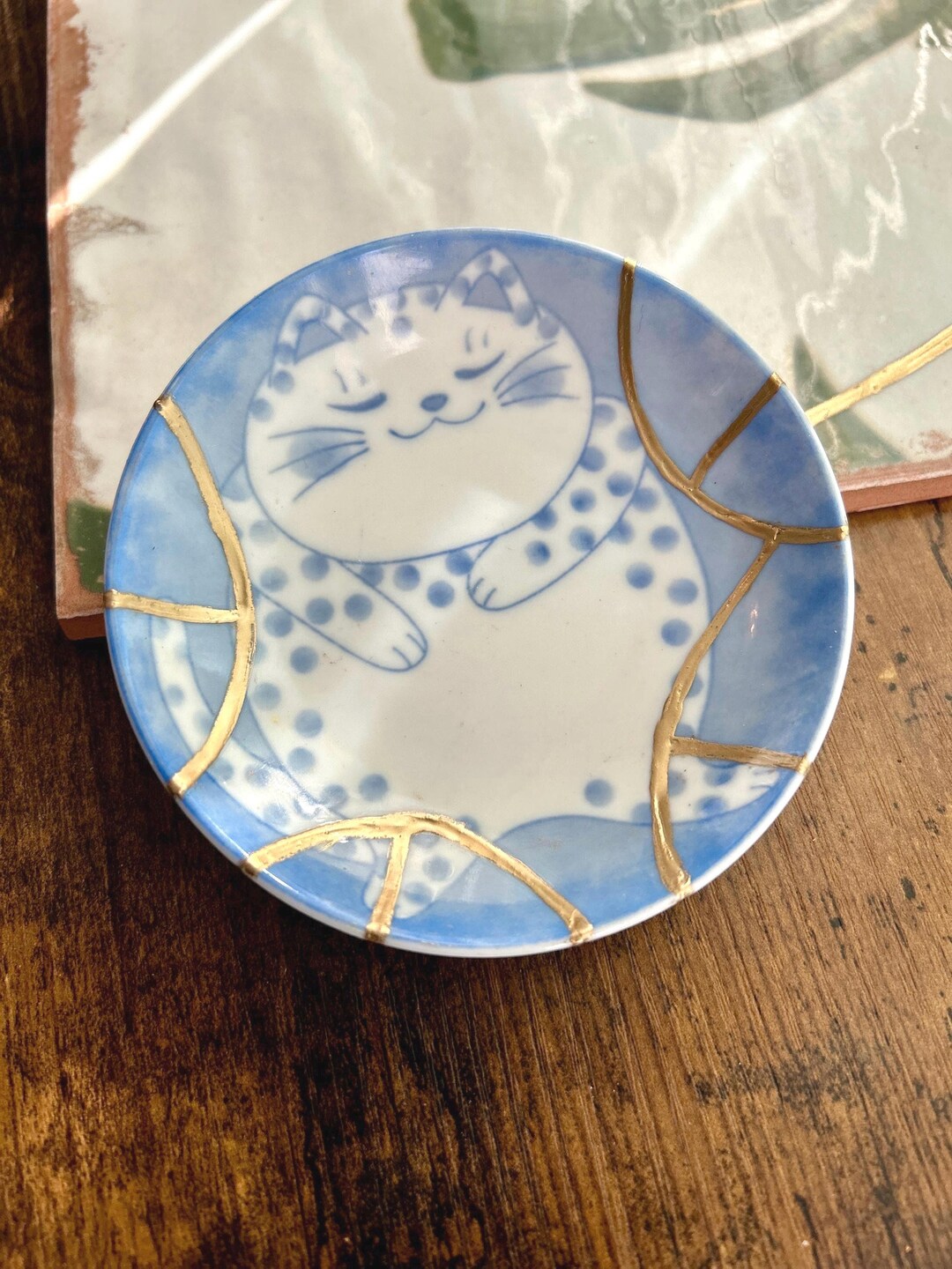 Kintsugi Plate Blue Cat Ceramic Ring/trinket Dish - Etsy