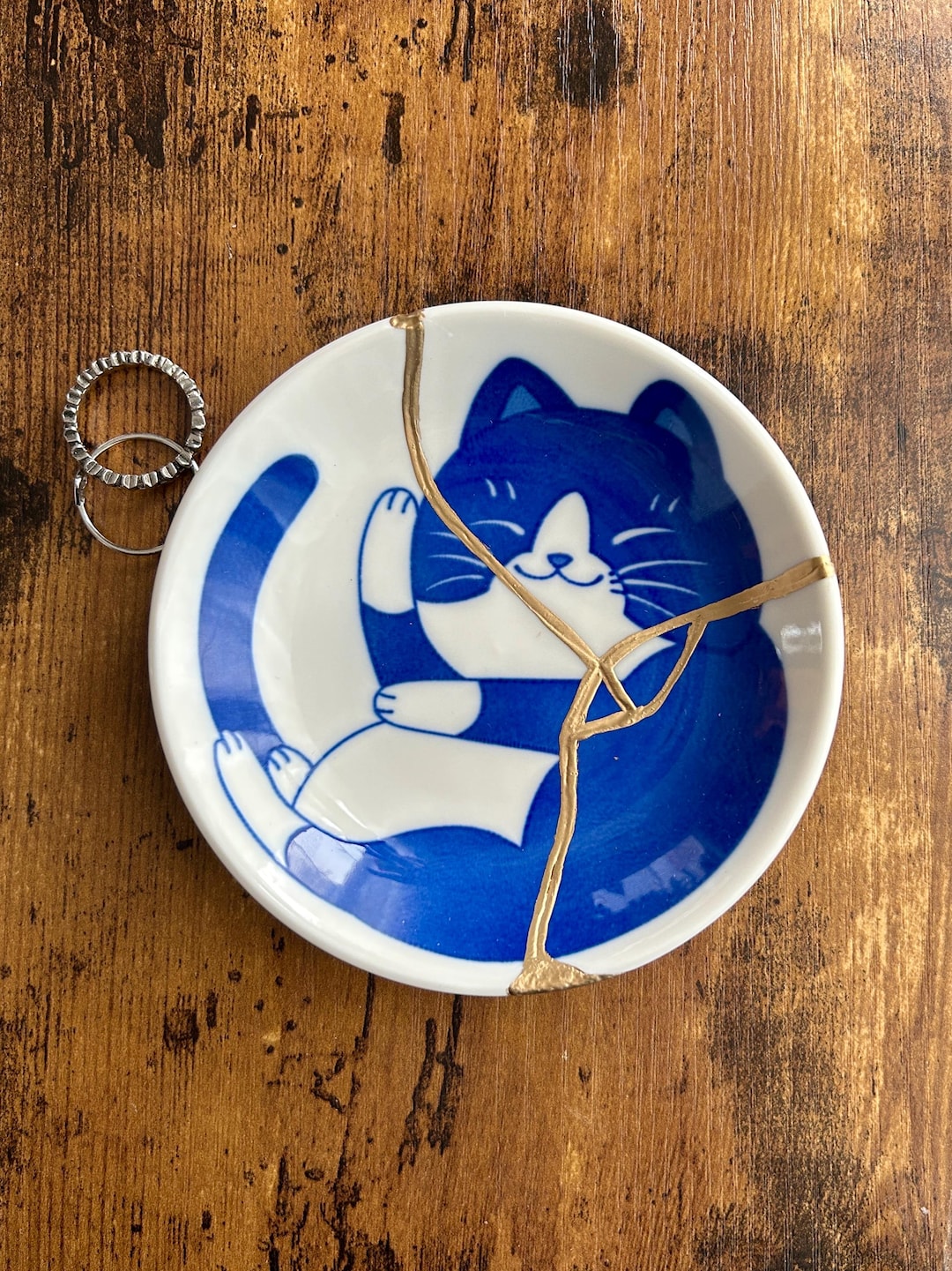 Kintsugi Dish - Blue Cat Ceramic Plate - Gold Kintsugi Ring/trinket ...