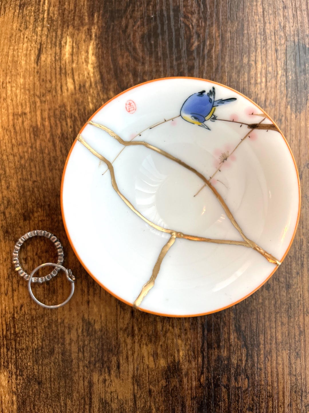 Kintsugi Bowl / Japanese Teacup / Small Ceramic / Blue Bird and Branch ...