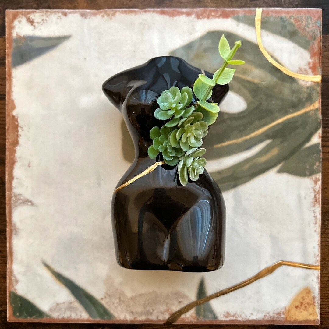 Kintsugi Black Ceramic Female Figure Body Faux Succulents Decorative ...