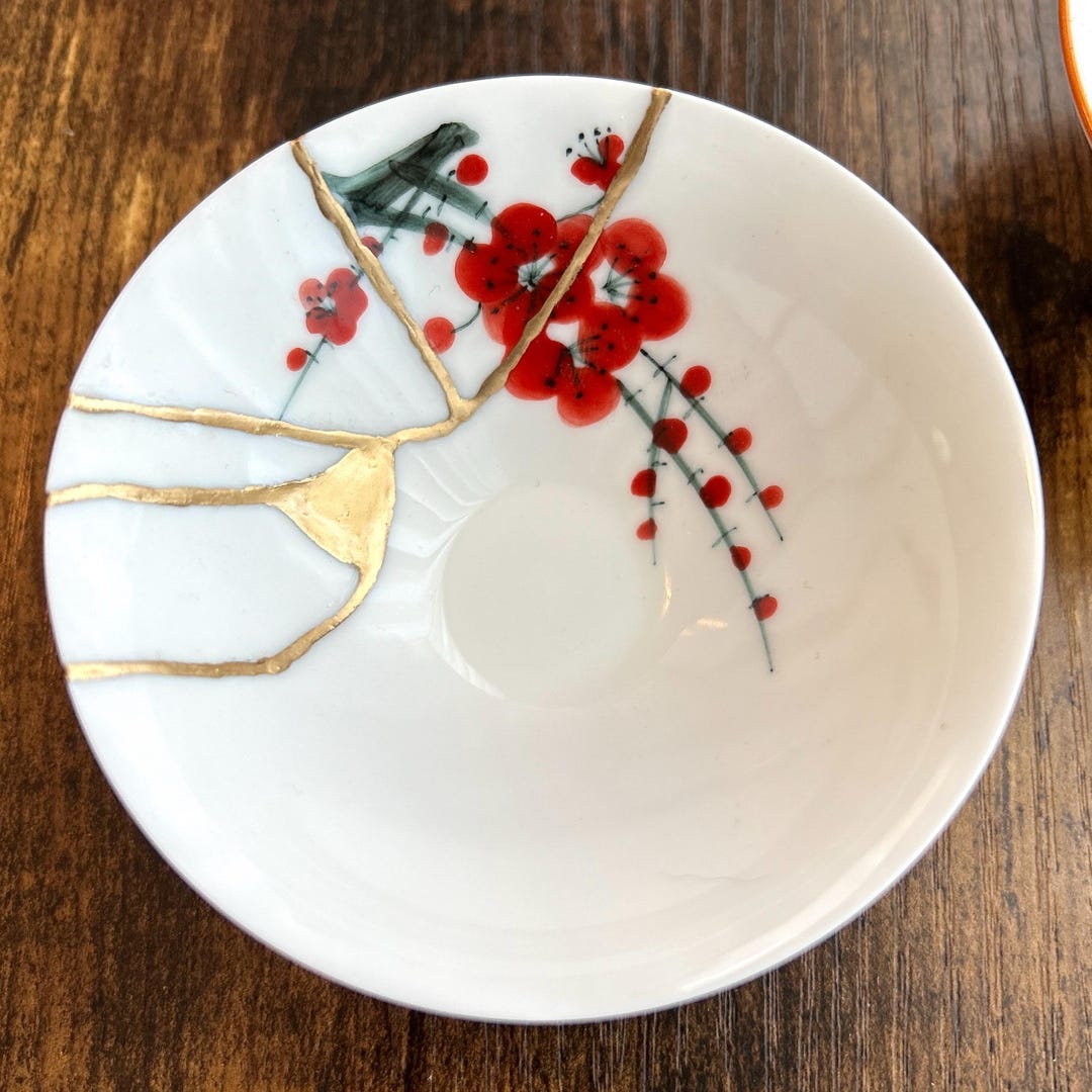 Kintsugi Teacup Small Ceramic Bowl Red Floral Branch Design / Gold ...