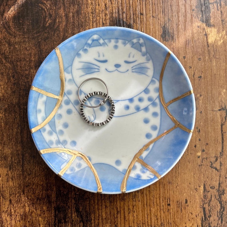 Kintsugi Plate Blue Cat Ceramic Ring/trinket Dish - Etsy