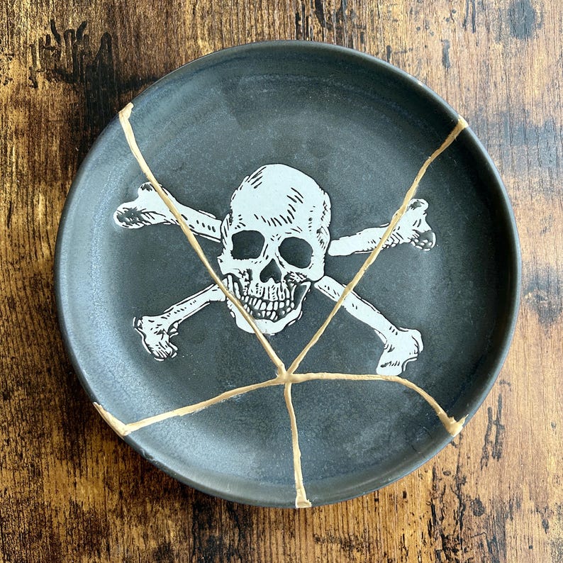 Kintsugi Plate Stoneware Spooky Skull and Cross-bones Halloween - Etsy