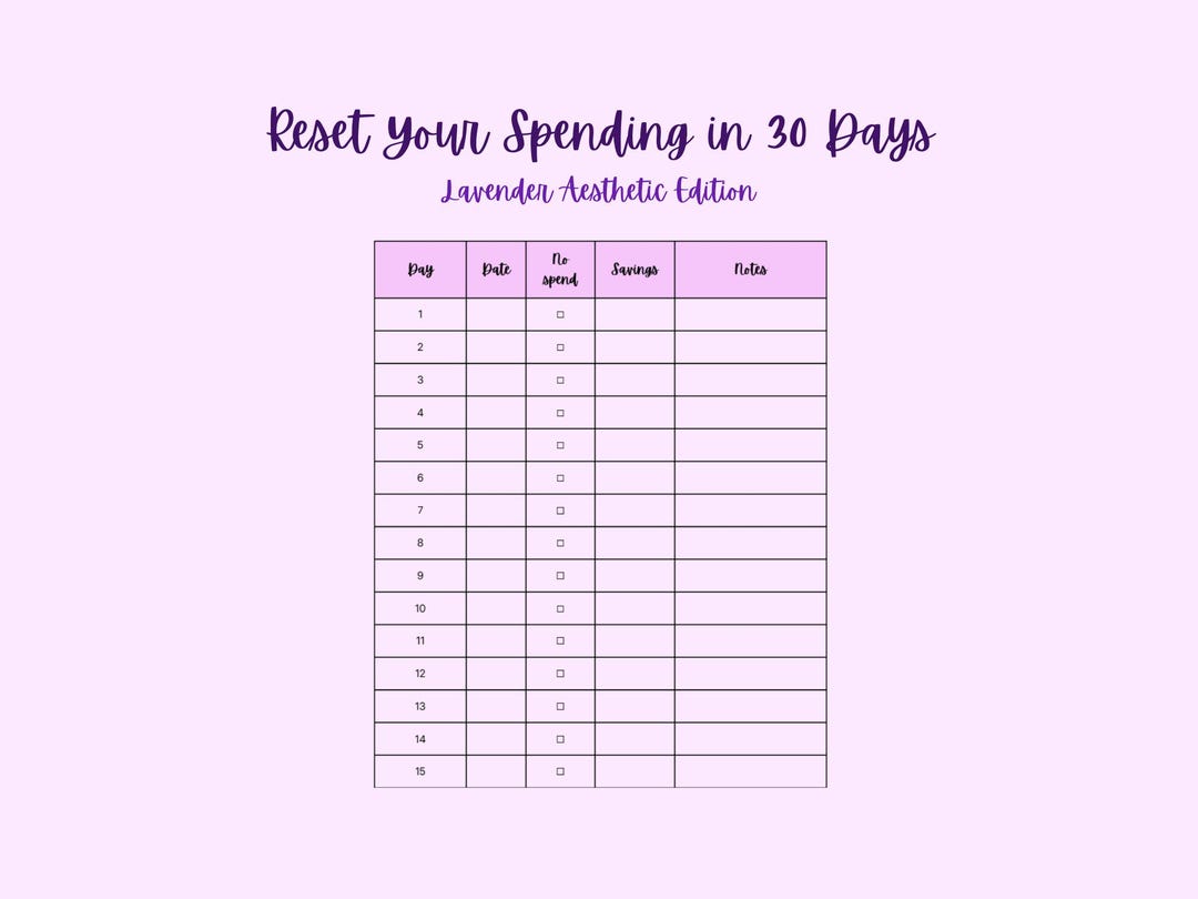 30 Day No Spend Challenge Tracker | Lavender Printable PDF + Canva ...