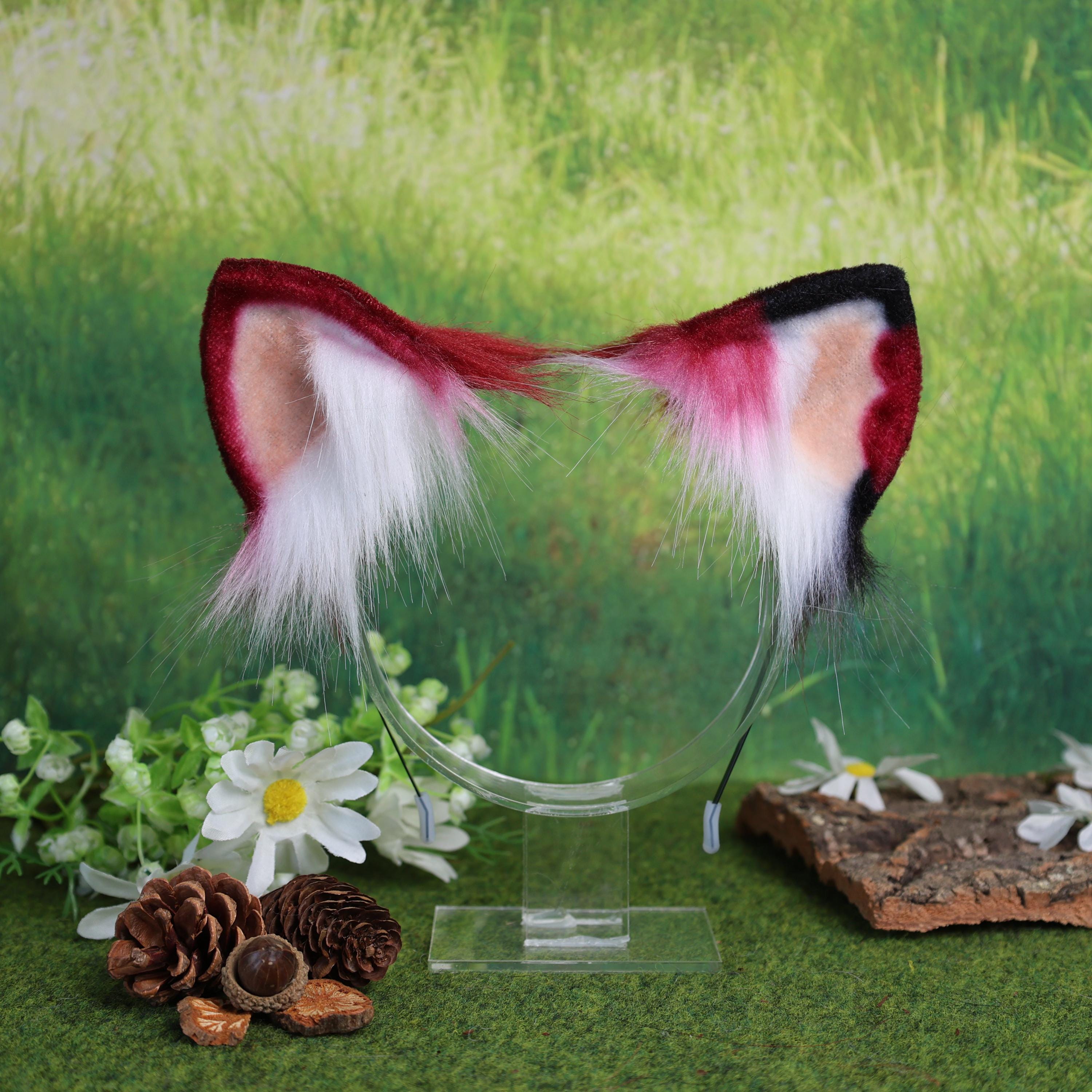 Handmade Fluffy Red and Black Cat Ears and Tail Set for Cosplay, Anime ...