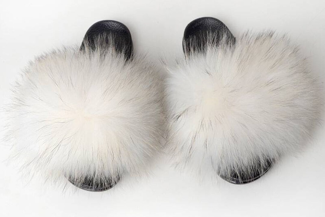 White Black Real Natural Real Fox Fur Slides Summer Sandals Beach ...
