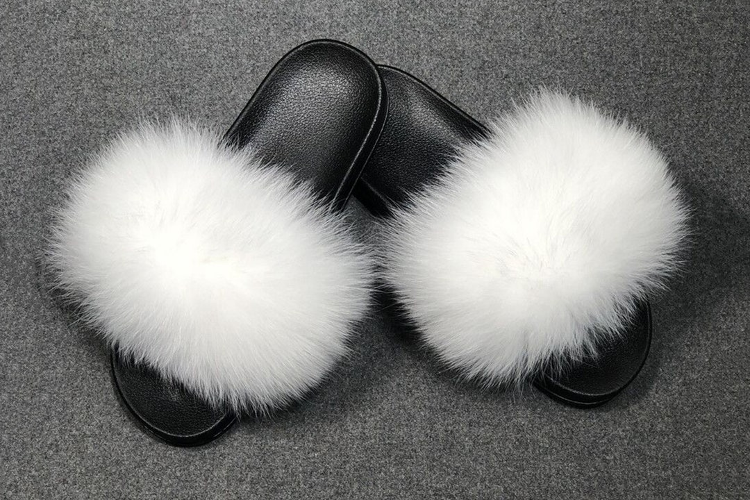 White Real Natural Real Fox Fur Slides Summer Sandals Beach Slippers ...