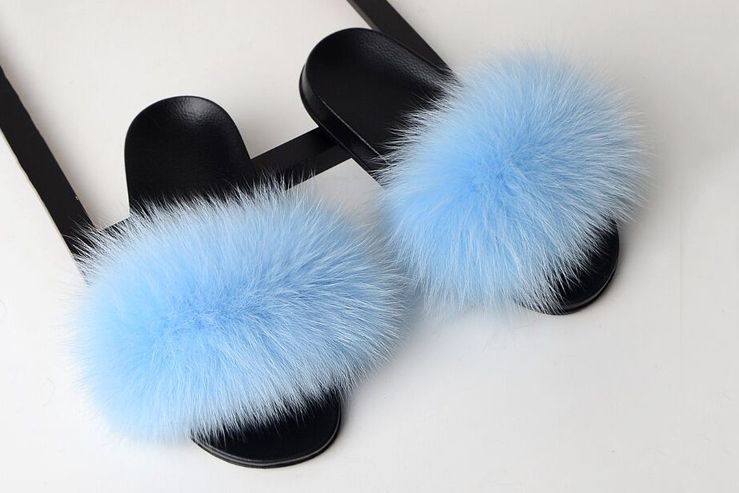 Real Natural Real Fox Fur Slides Summer Sandals Beach Slippers Light ...
