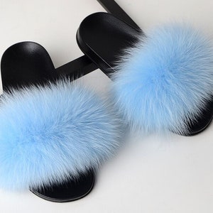 Real Natural Real Fox Fur Slides Summer Sandals Beach Slippers Light ...