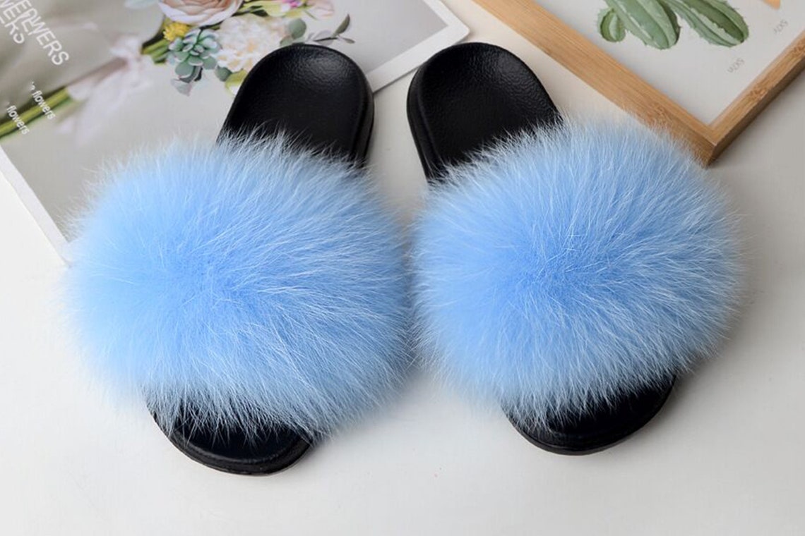 Real Natural Real Fox Fur Slides Summer Sandals Beach Slippers | Etsy