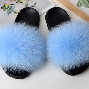 Real Natural Real Fox Fur Slides Summer Sandals Beach Slippers Light ...