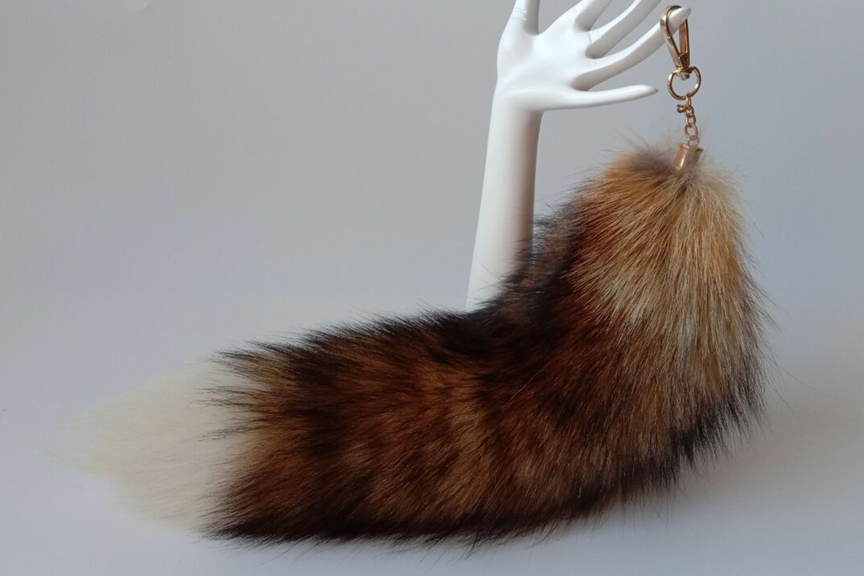 Brown Black Fox Tail Keychain Real Fur Keychain Real Fox Fur Tail Cute ...