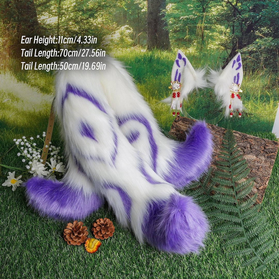 Handmade Three-tail Fox Plush Set-11cm Faux Fur Ears+55cm Fluffy Tails ...